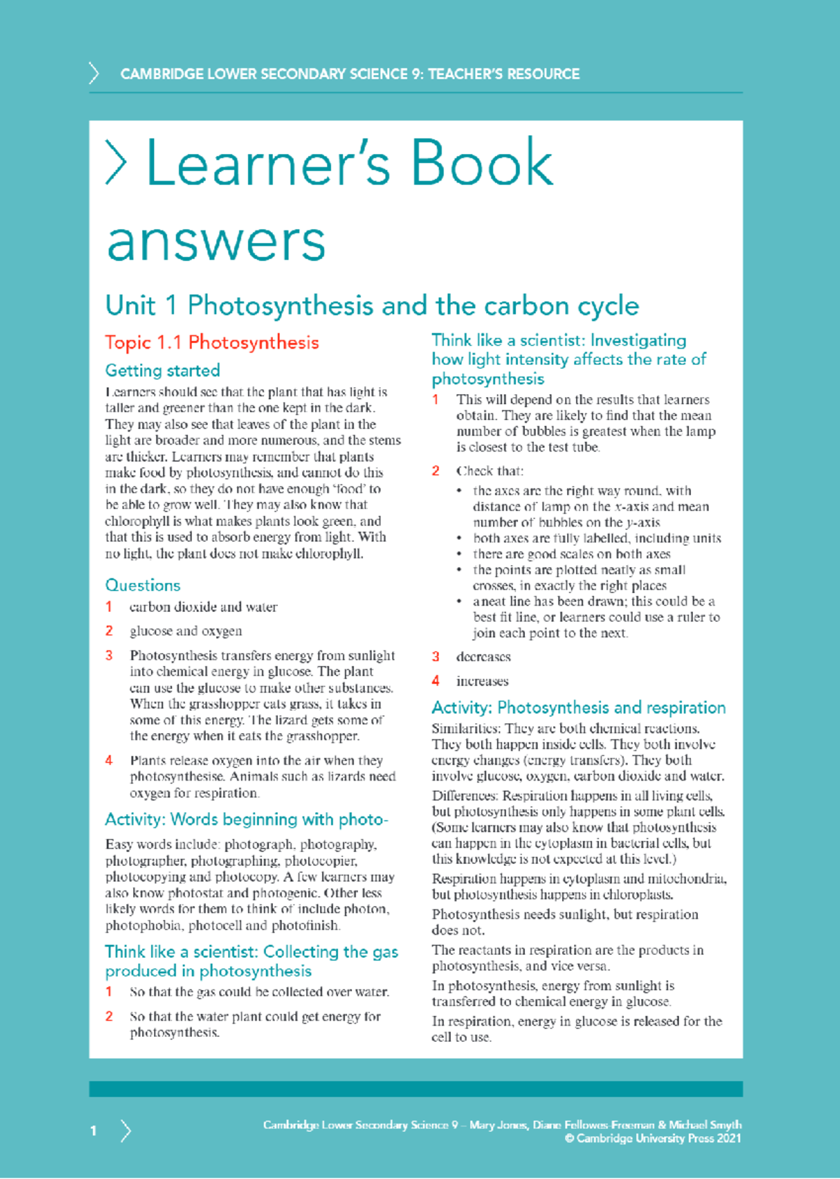 Cambridge Lower Secondary Science 9: Unit 1 Photosynthesis Answers ...