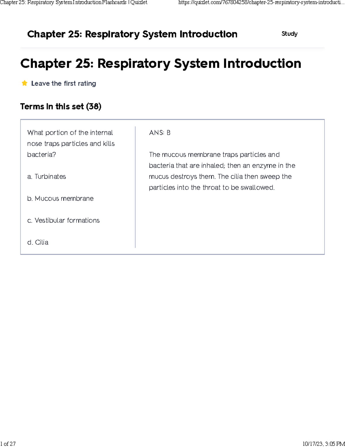 Chapter 25: Respiratory System Intro - Key Terms & Quizlet Flashcards ...