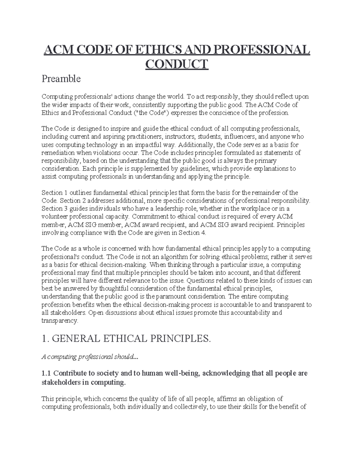 ACM CODE OF ETHICS & PROFESSIONAL CONDUCT - Computer Security - Studocu