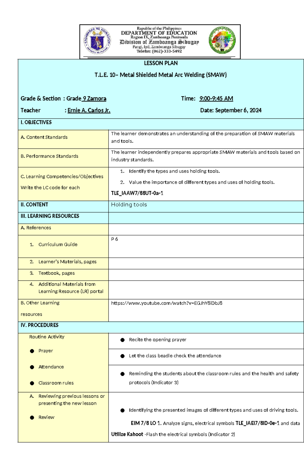 TLE 10: Lesson Plan for Metal Shielded Arc Welding (SMAW) - Studocu