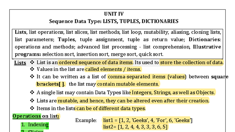 Unit 4: Advanced Data Types - Lists, Tuples, and Dictionaries - Studocu