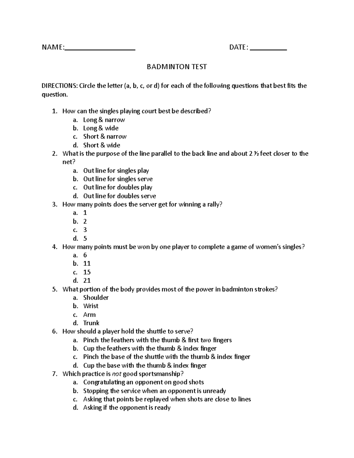 Badminton Test Questions & Answers Guide - 2023 - Studocu