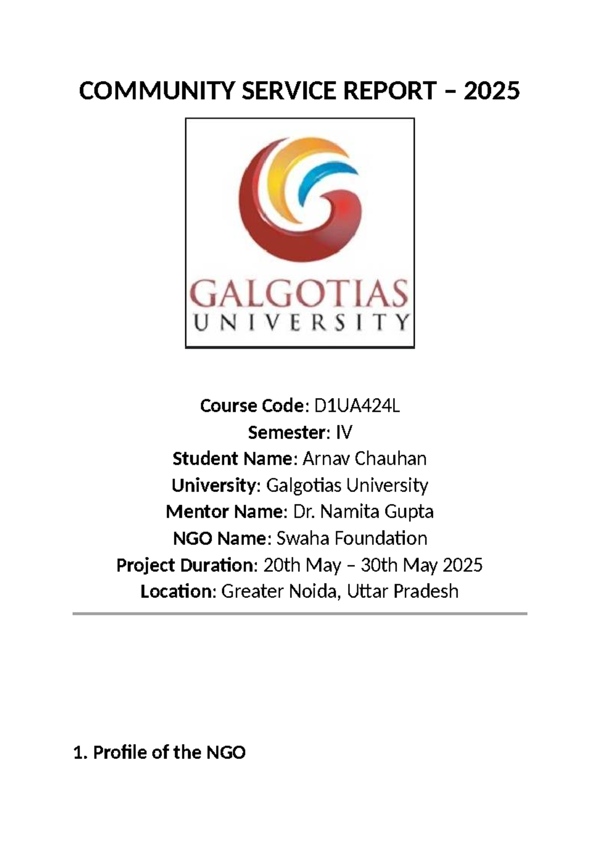 Community Service Report 2025 - D1UA424L by Arnav Chauhan - Studocu