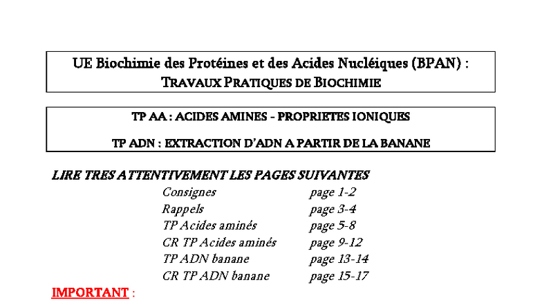 TP Biochimie BPAN : Acides Aminés et Extraction ADN de Banane - Studocu