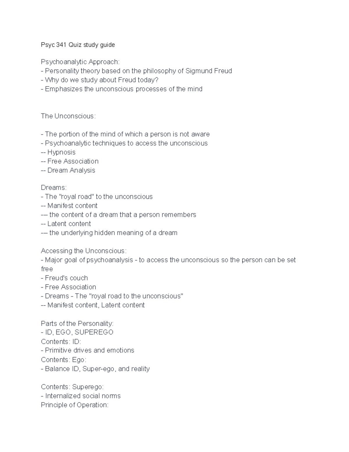 Psyc 341 Quiz study - Psyc 341 Quiz study guide Psychoanalytic Approach ...