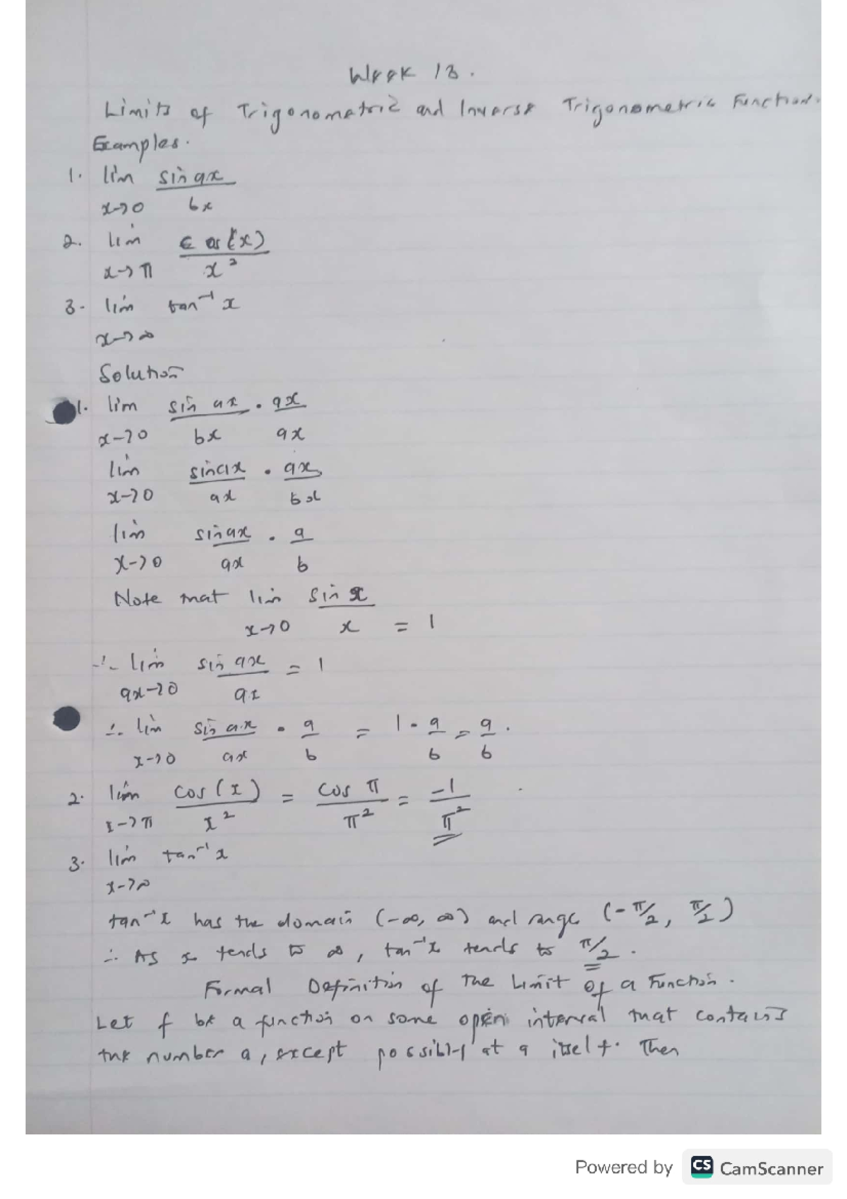 Week 13 Lecture Notes: Limits of Trigonometric Functions - Studocu
