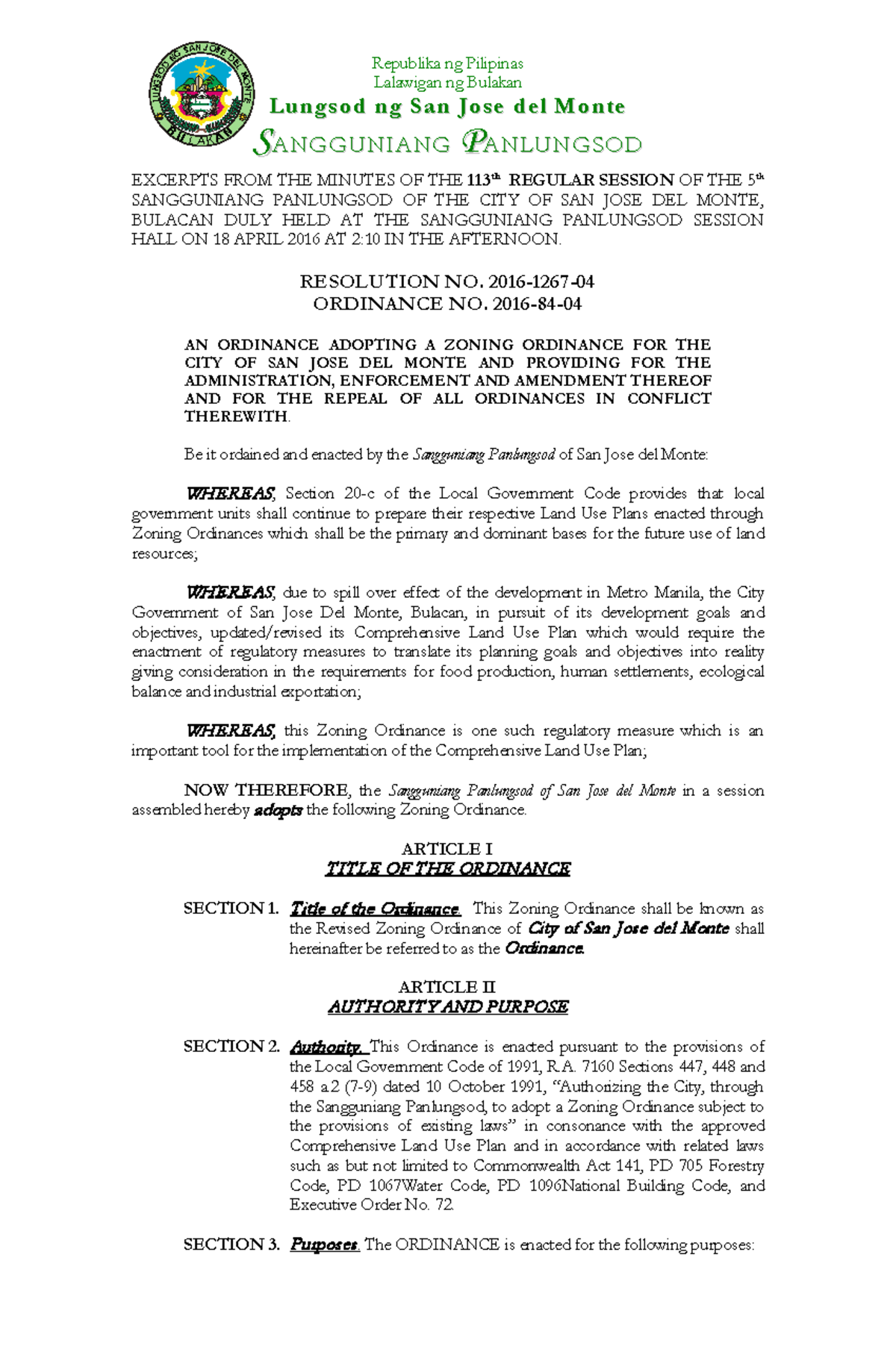 CSJDM Zoning Ordinance 2016-2025: Comprehensive Land Use Plan - Studocu
