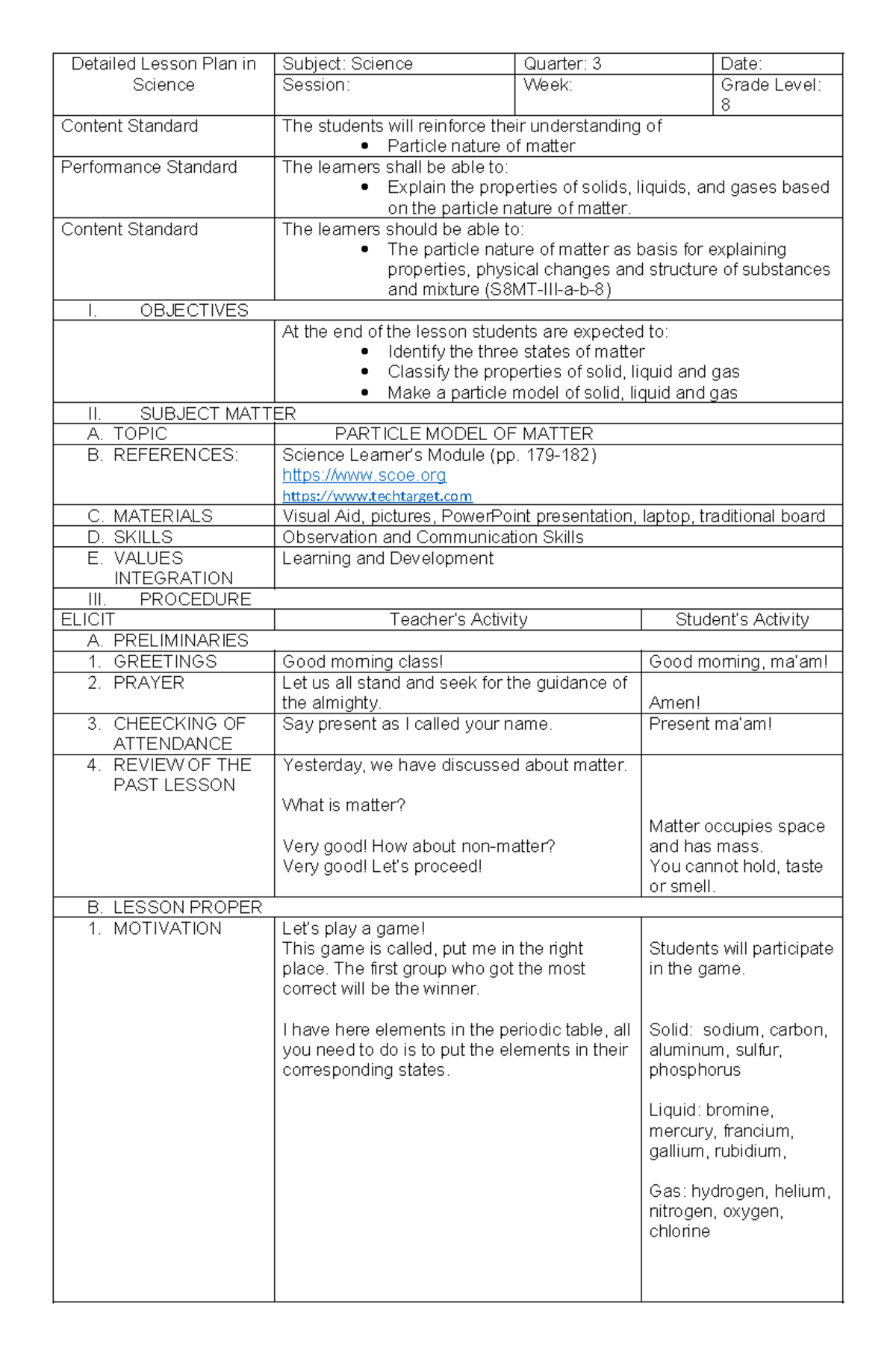 Detailed Lesson Plan: Particle Nature of Matter (Grade 8, Science ...
