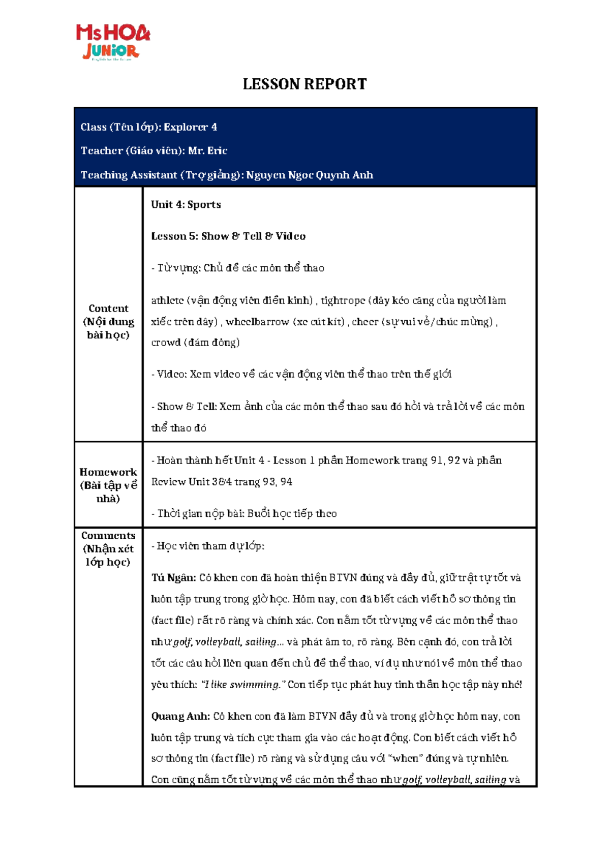 Lesson Report - Unit 4, Lesson 5 - Explorer 4 - Studocu