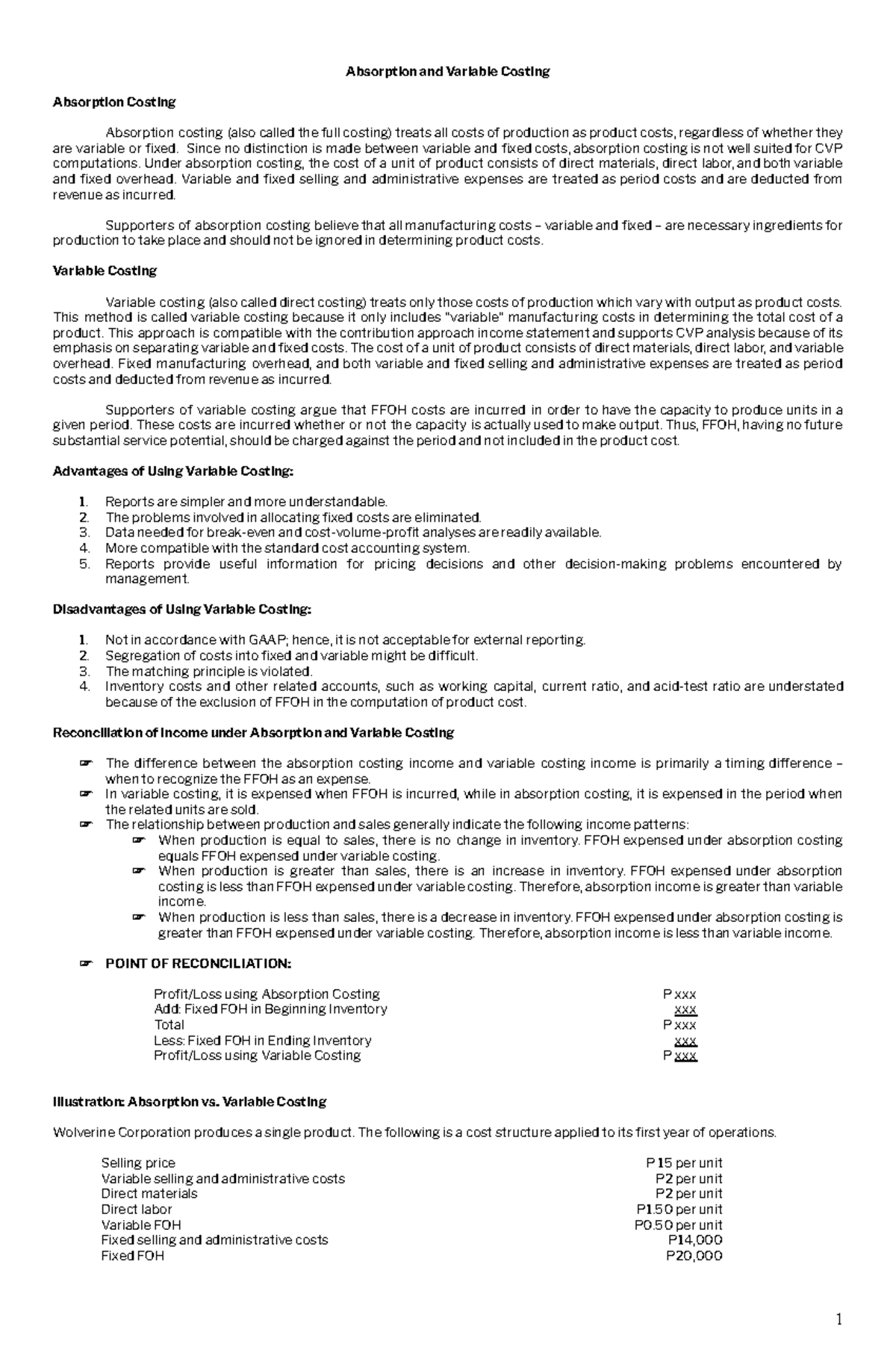 Absorption vs Variable Costing - Absorption and Variable Costing Absorption Costing Absorption ...