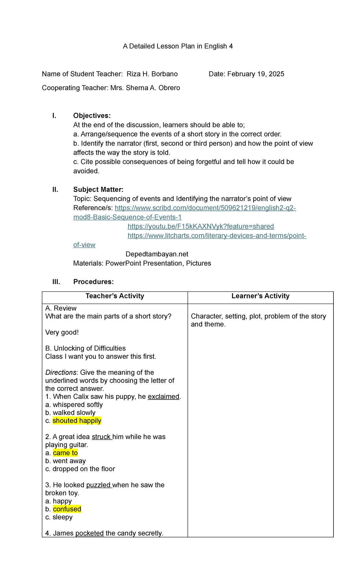 English 4 DLP: Lesson Plan on Sequencing Events & Narration - Studocu