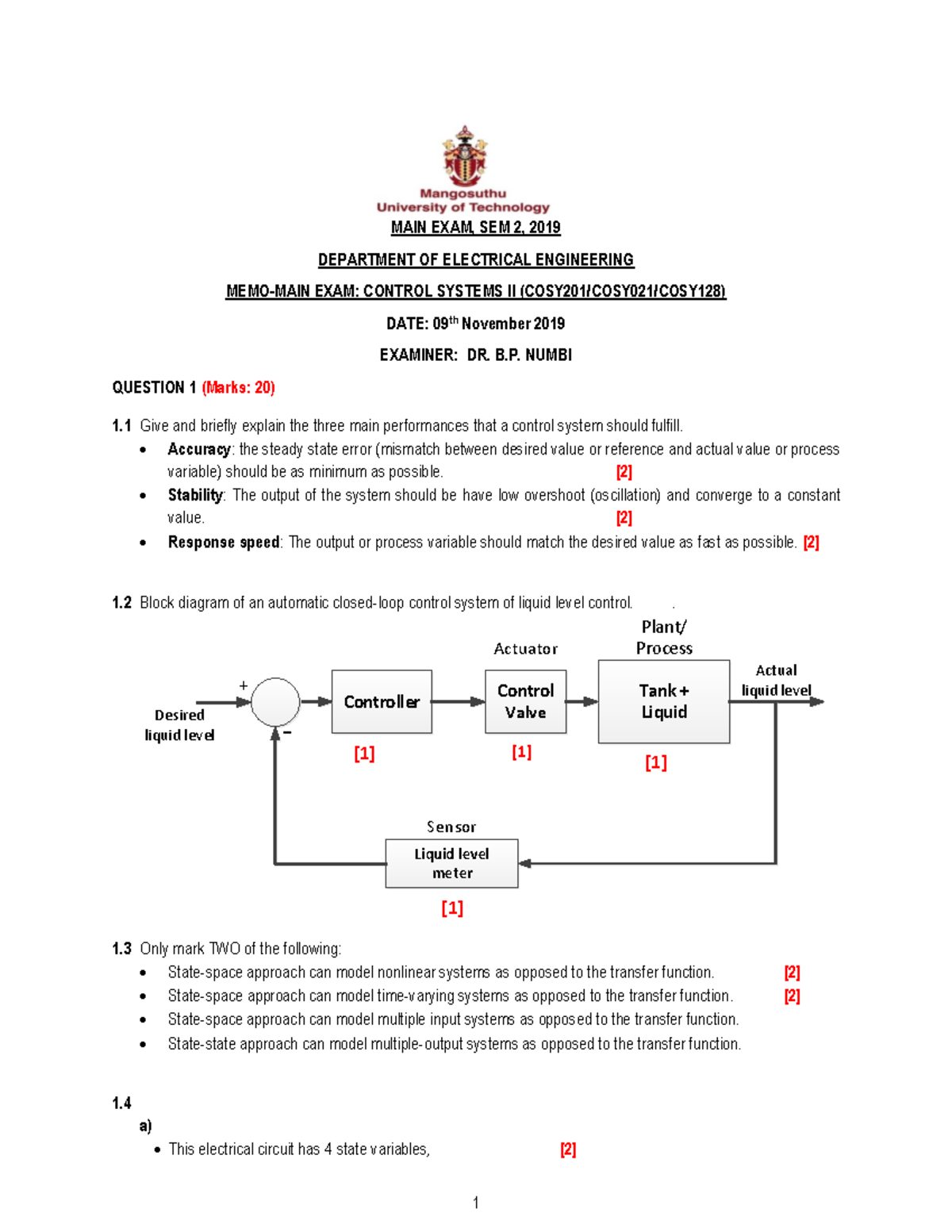 MEMO-MAIN EXAM-SEM2-2019-Control Systems II - MAIN EXAM, SEM 2, 2019 ...
