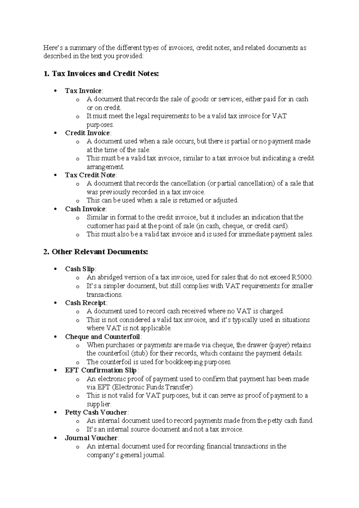 Summary of Invoices, Credit Notes, and VAT Regulations (ACCT 101) - Studocu