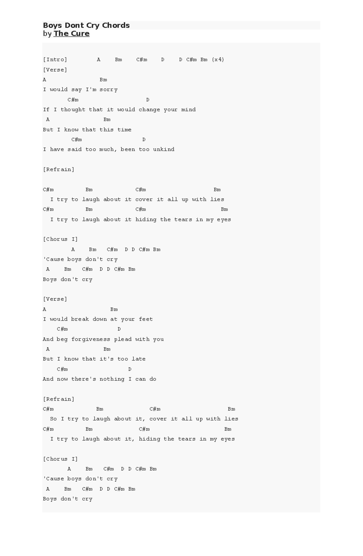 Boys Dont Cry Chords - notes - Boys Dont Cry Chords by The Cure [Intro ...