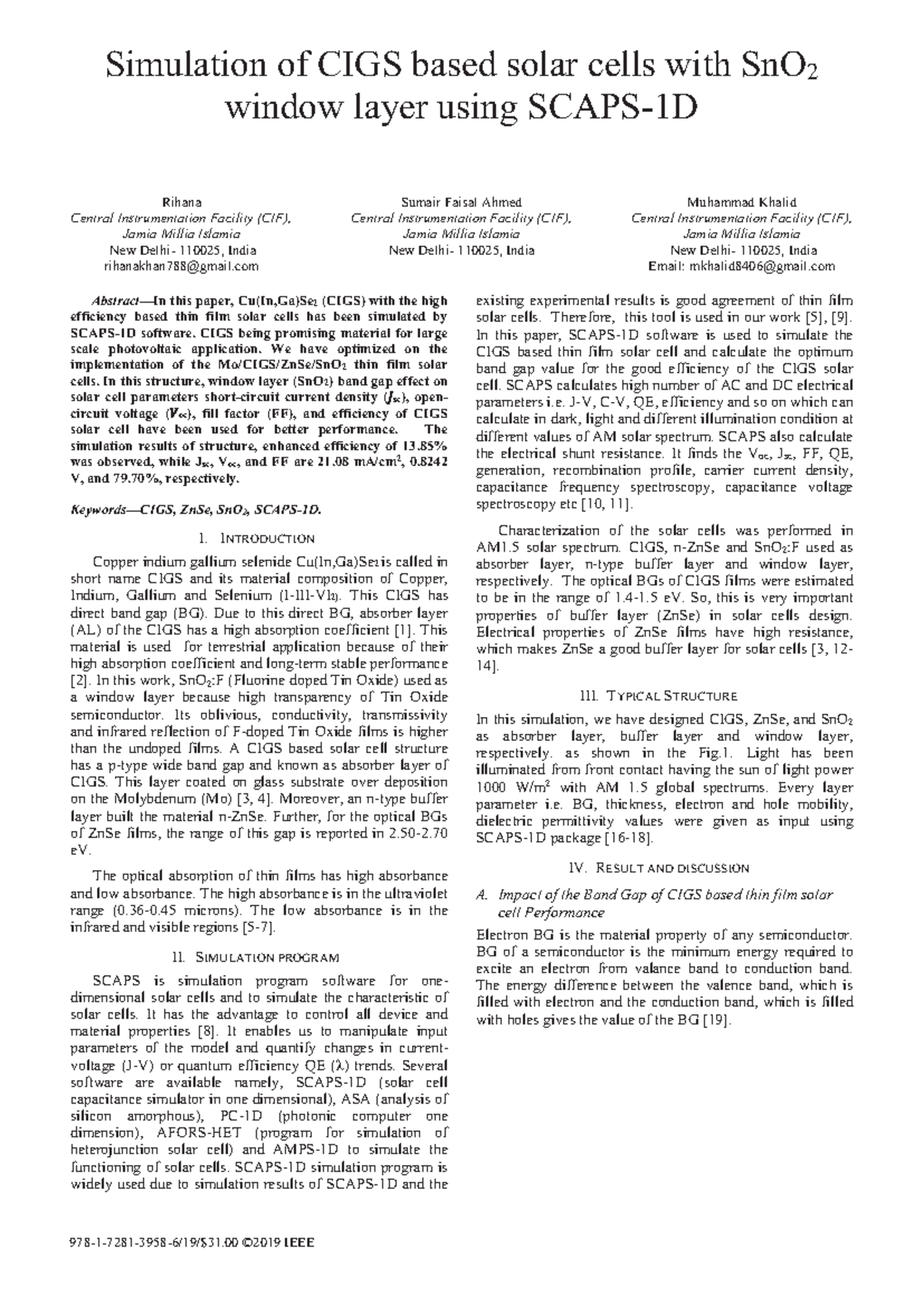 Simulation of CIGS based solar cells with Sn O2 - 978-1-7281-3958-6/19 ...