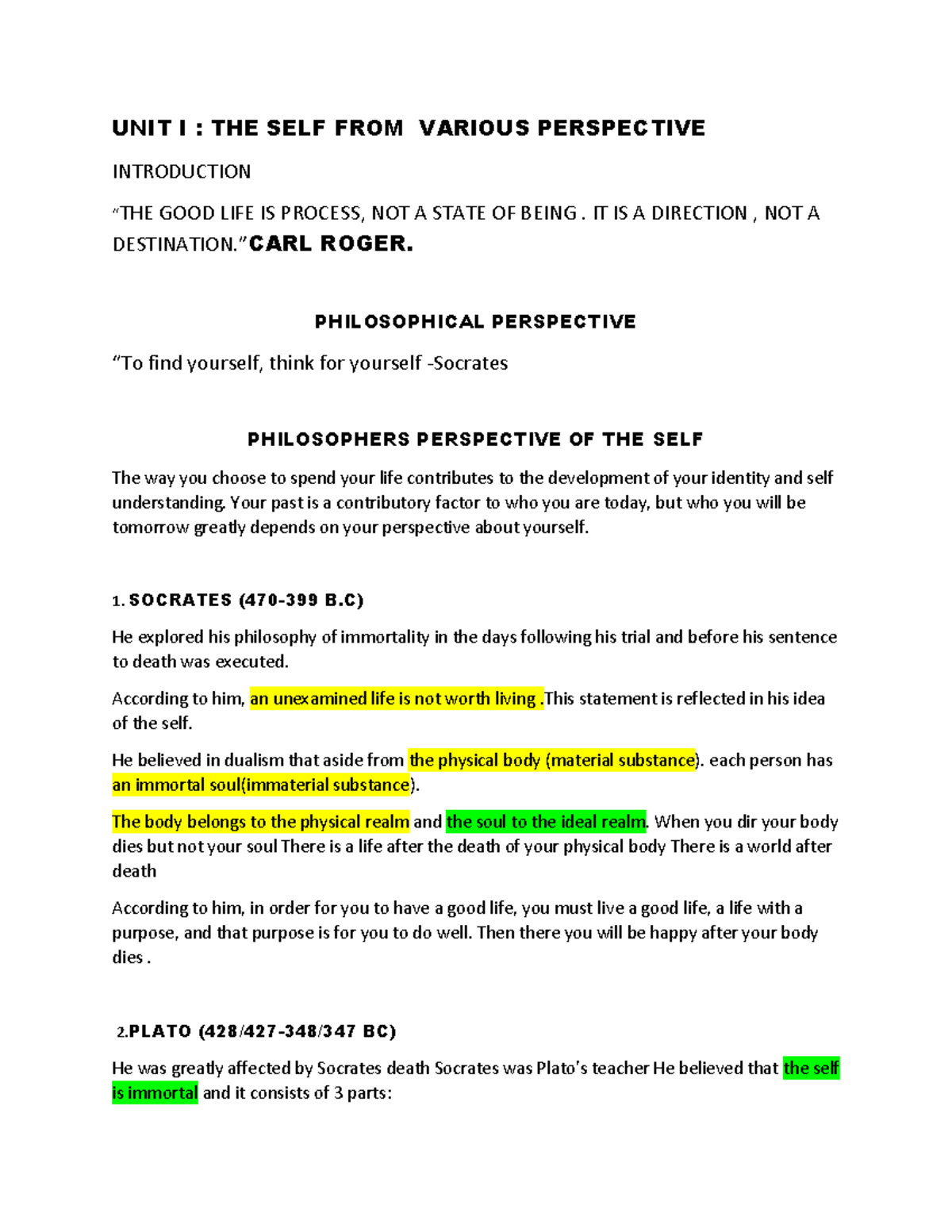 Understanding THE SELF - UNIT I : THE SELF FROM VARIOUS PERSPECTIVE ...