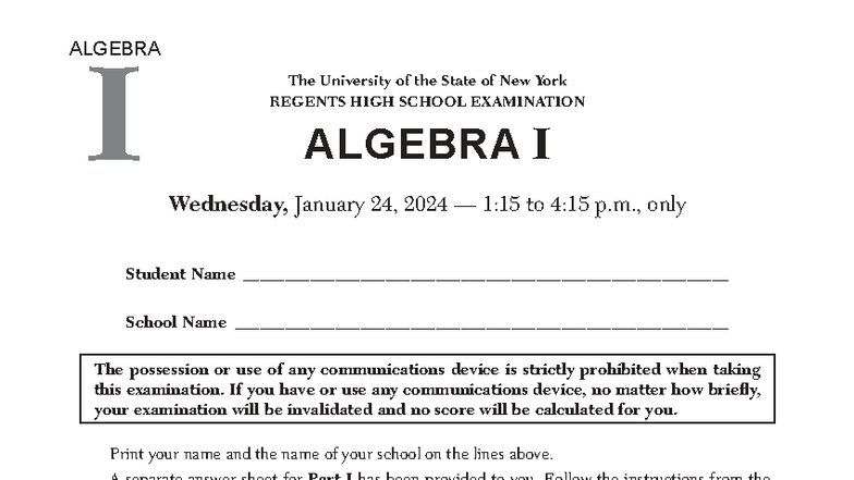 Algebra I Regents Exam - January 24, 2024 - Studocu