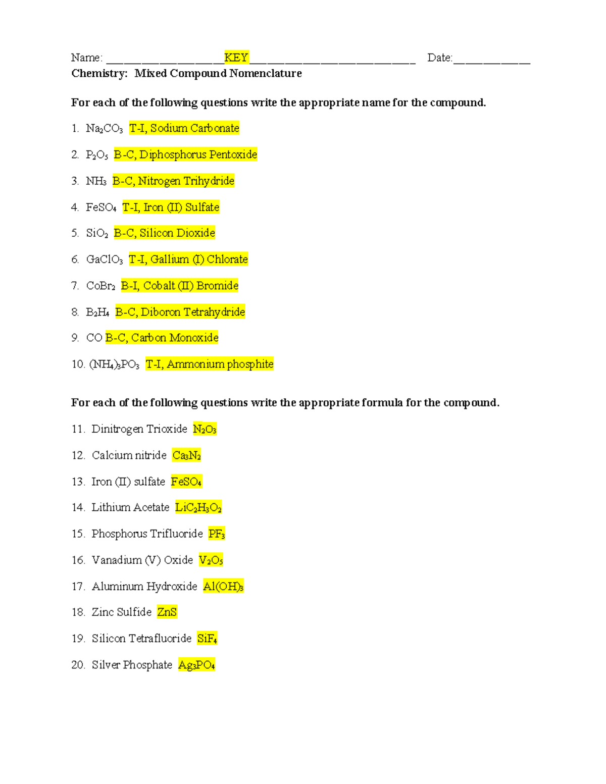Chemistry: Mixed Compound Nomenclature 1 KEY - Studocu