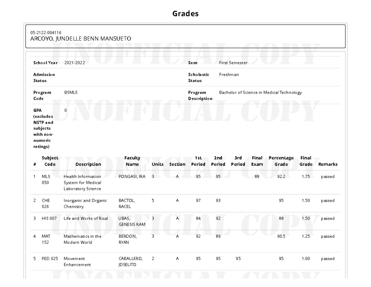 BSMLS Final Exam Grades and Admission Status Report - Studocu