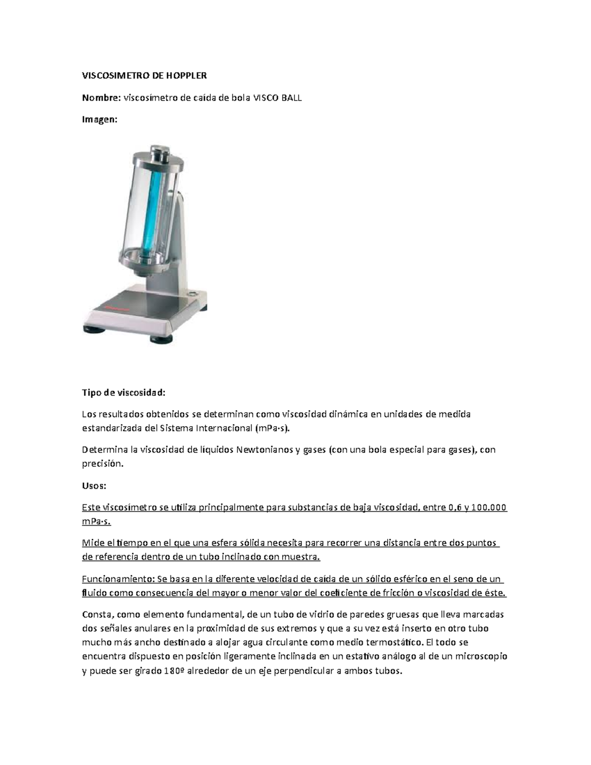 Viscosímetro de Hoppler: Análisis y Uso en Medición de Viscosidad - Studocu