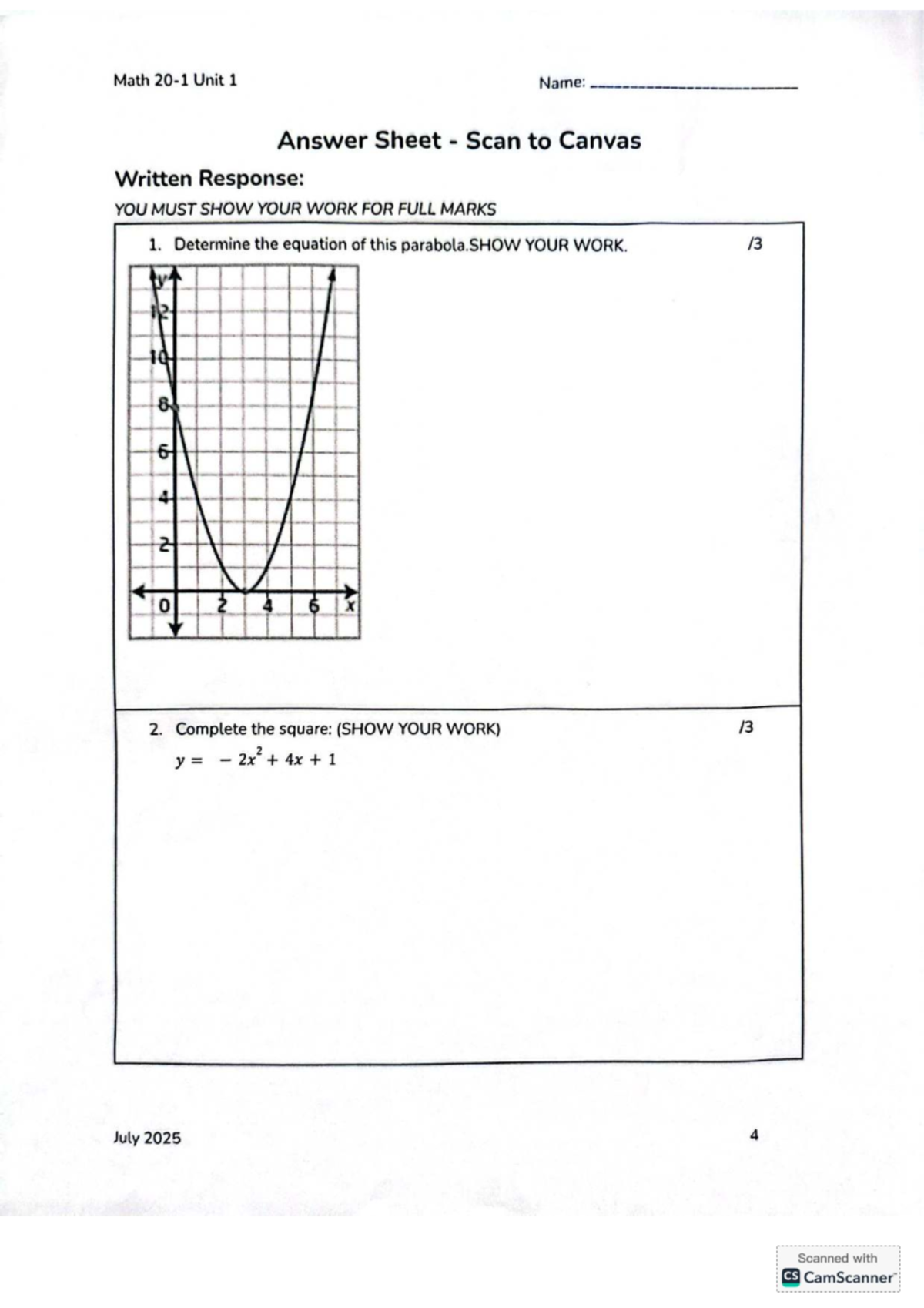 Math 101 Unit 1: Parabola Equation & Completing the Square Answer Sheet ...
