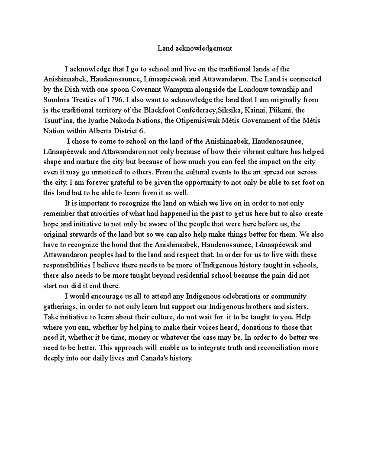 1002 - Land Acknowledgement and Indigenous History Reflection - Studocu