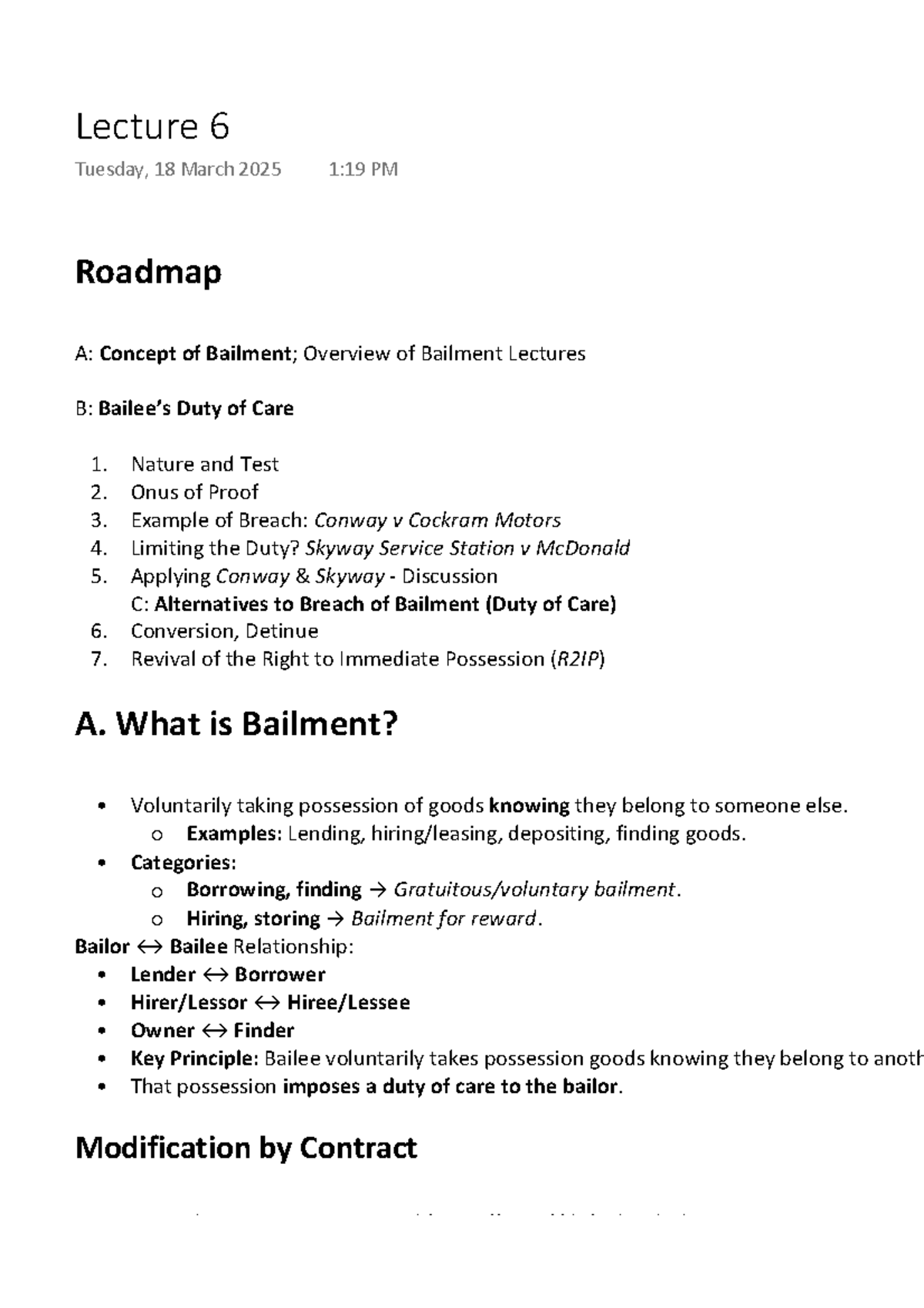 Bailment Law: Duty of Care & Key Cases Overview (CM 27) - Studocu