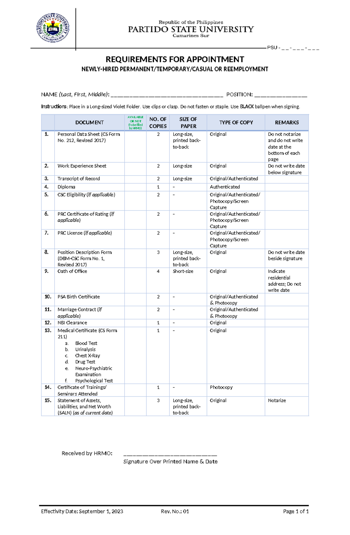 PSU-F-HRM-20 Requirements for Appointment (Newly-Hired Permanent ...
