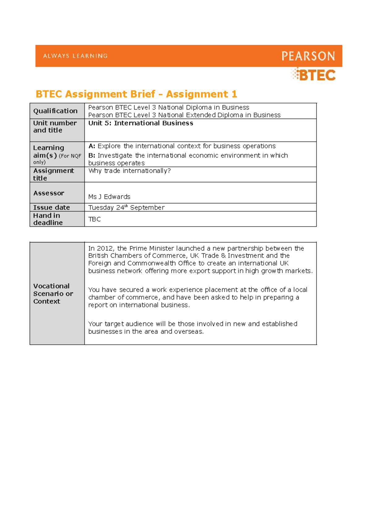 BTEC Level 3 Business Assignment 1: International Trade Analysis 2024 ...