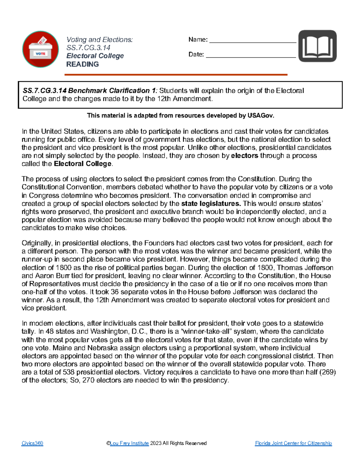 Electoral College Explained: SS.7.CG.3.14 Reading Materials - Civics360 ...