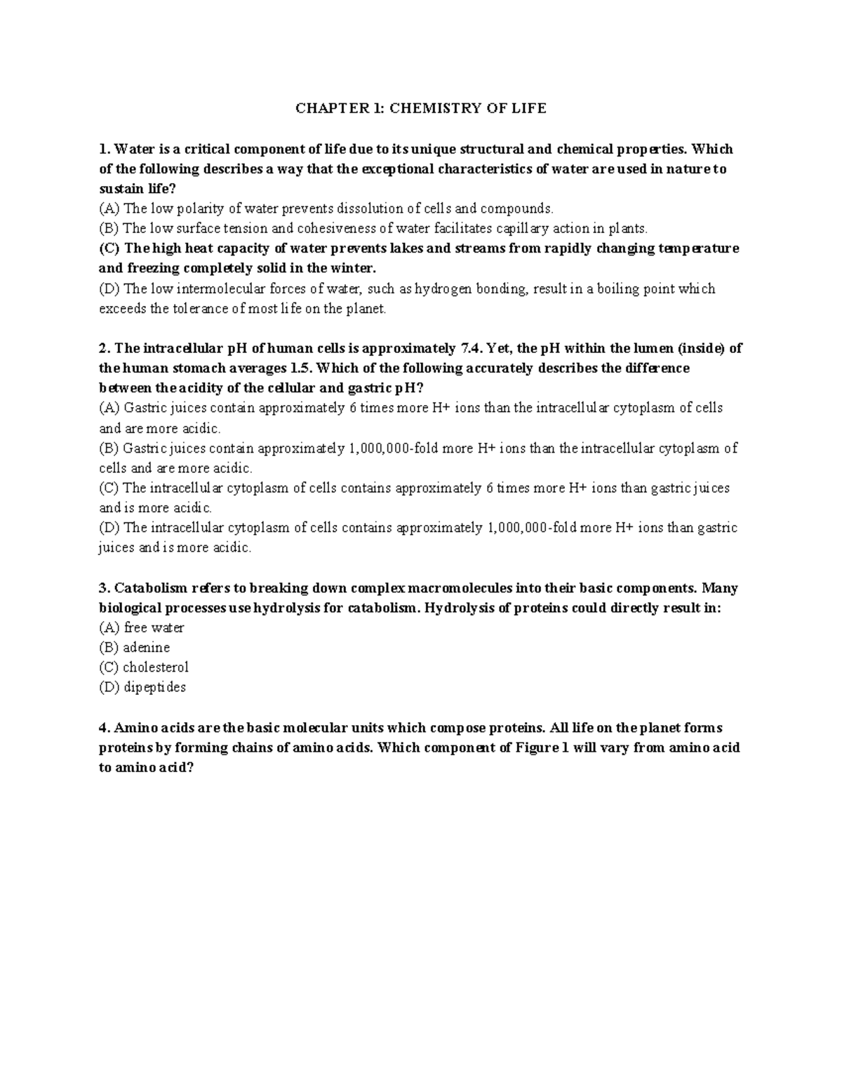 CHAPTER 1: CHEMISTRY OF LIFE - Key Concepts and Questions - Studocu
