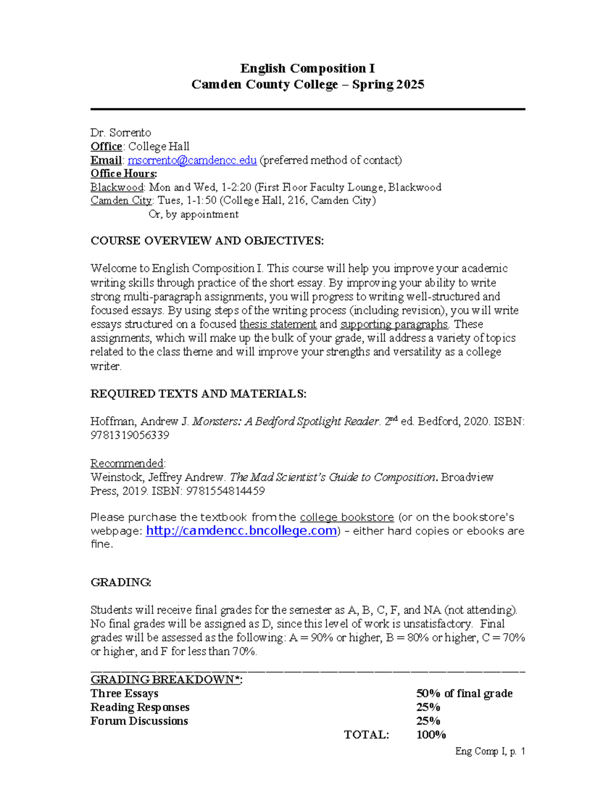 Syllabus for English Composition I (ENG 101) - Spring 2025 - Studocu