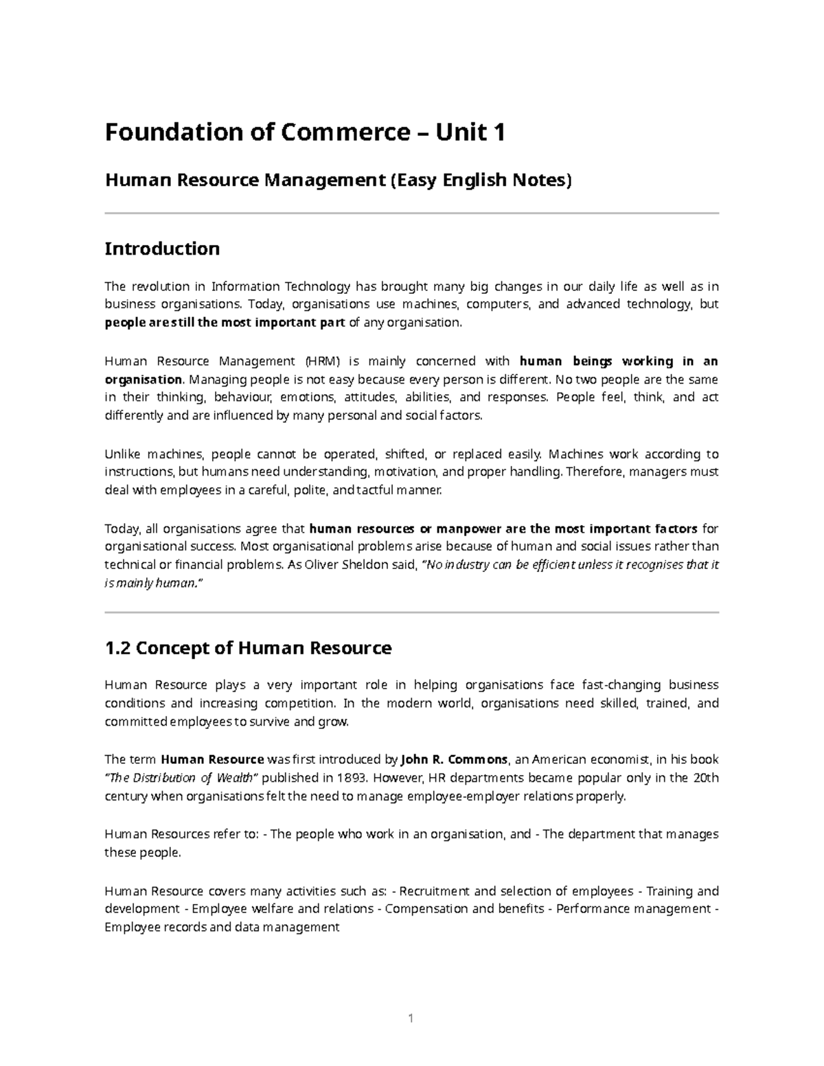 Foundation of Commerce - Unit 1: Human Resource Management Notes - Studocu