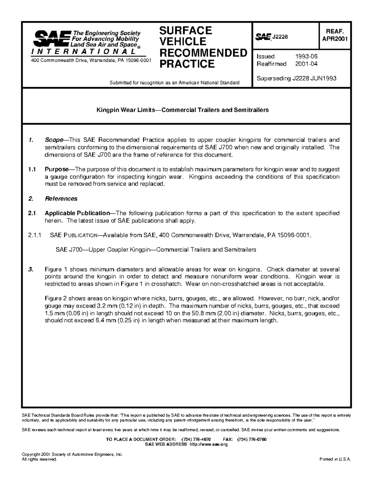 SAE J2228 - Guide on Safe Operation and Kingpin Wear Limits - Studocu