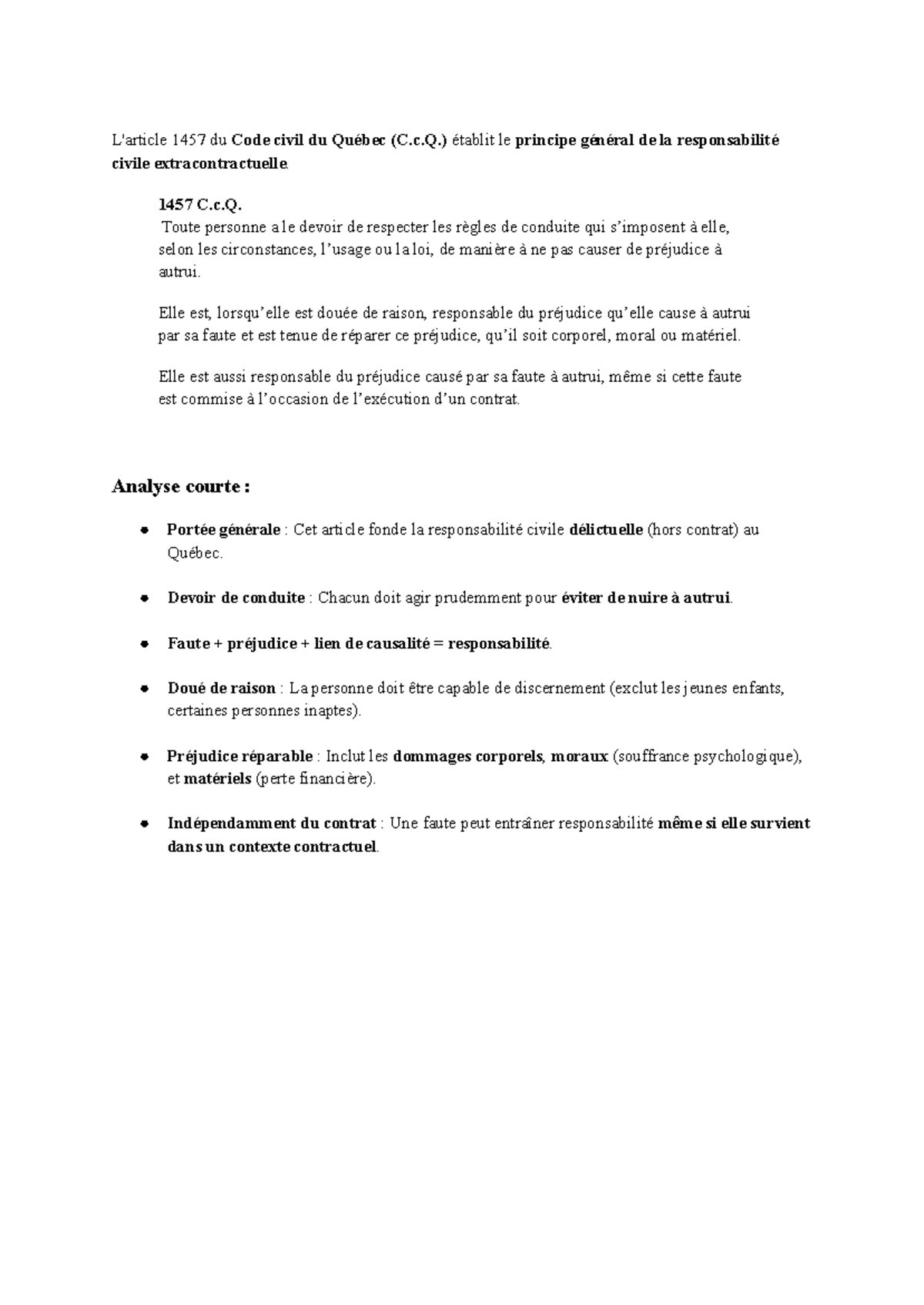 Analyse de l'Article 1457 C.c.Q. sur la Responsabilité Civile - Studocu