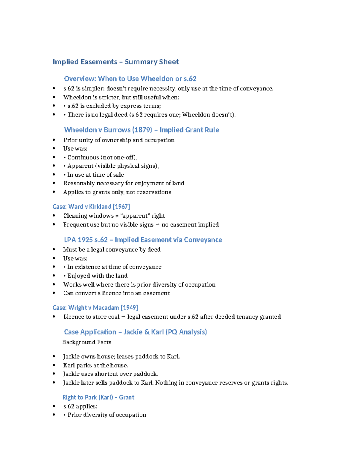 Implied Easements Overview: Wheeldon vs. s.62 Analysis - Studocu