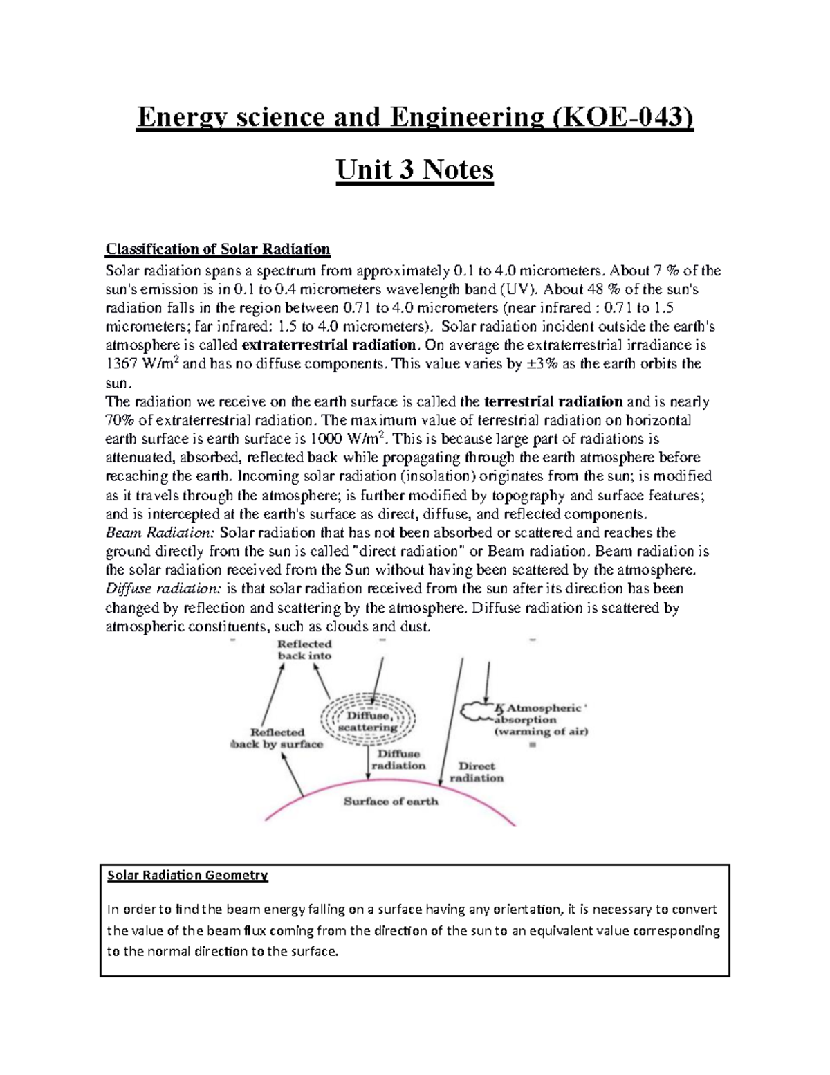 Energy Science and Engineering Unit 3: Solar Energy Notes - Studocu