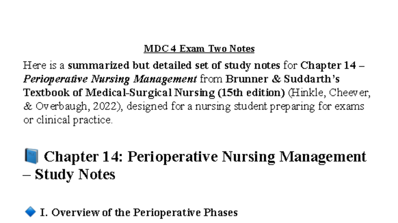 MDC 4 Exam Two Study Notes: Perioperative & Intraoperative Nursing ...