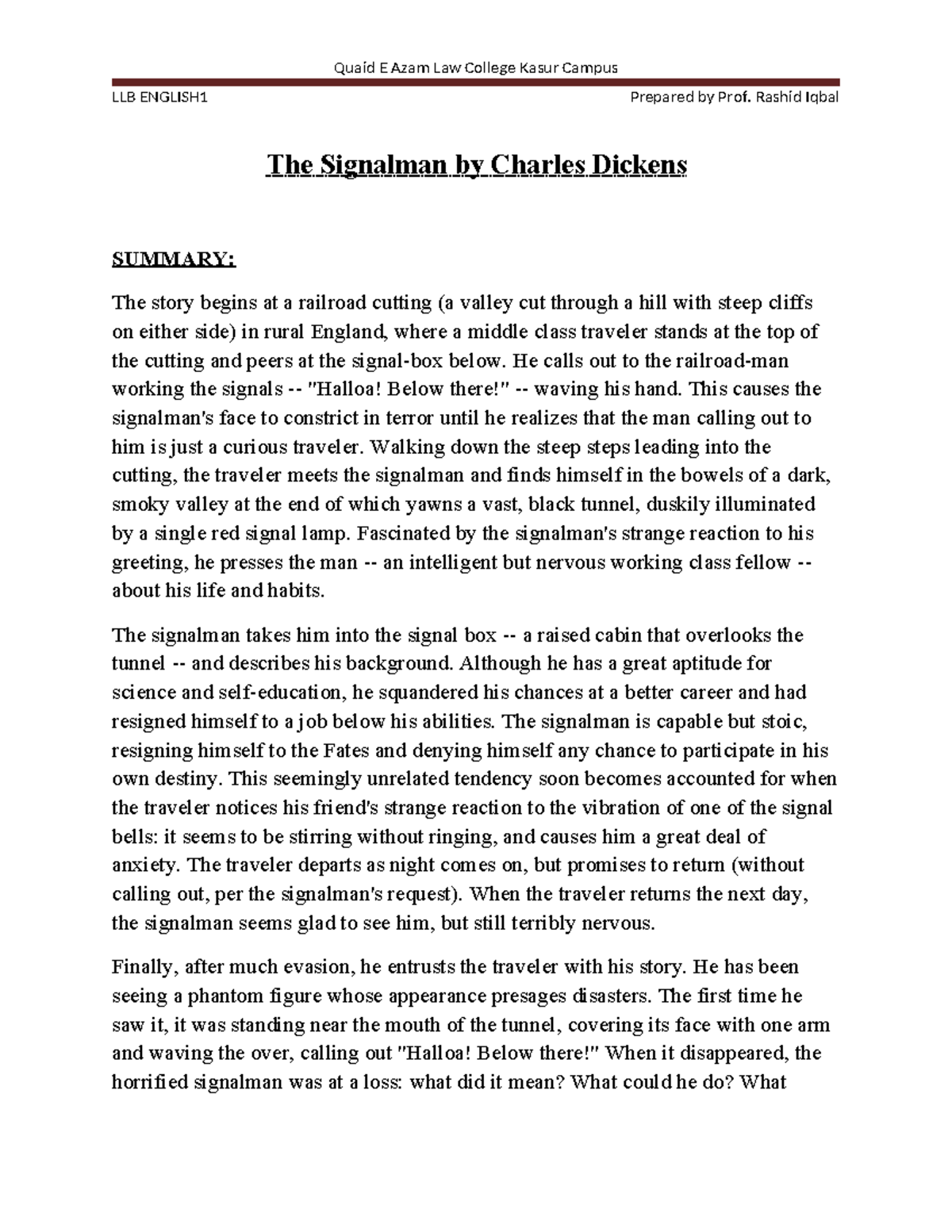 LLB ENGLISH1 Summary and Analysis of "The Signalman" by Charles Dickens ...