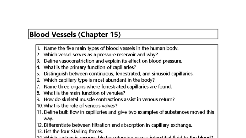 Quiz on Blood Vessels and Blood (Chapters 15 & 16) - 50 Questions - Studocu