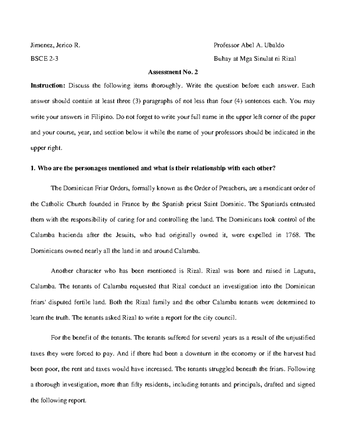 BSCE 2-3 Jimenez Jerico Assignment 2 - Jimenez, Jerico R. Professor Abel A. Ubaldo BSCE 2-3 ...