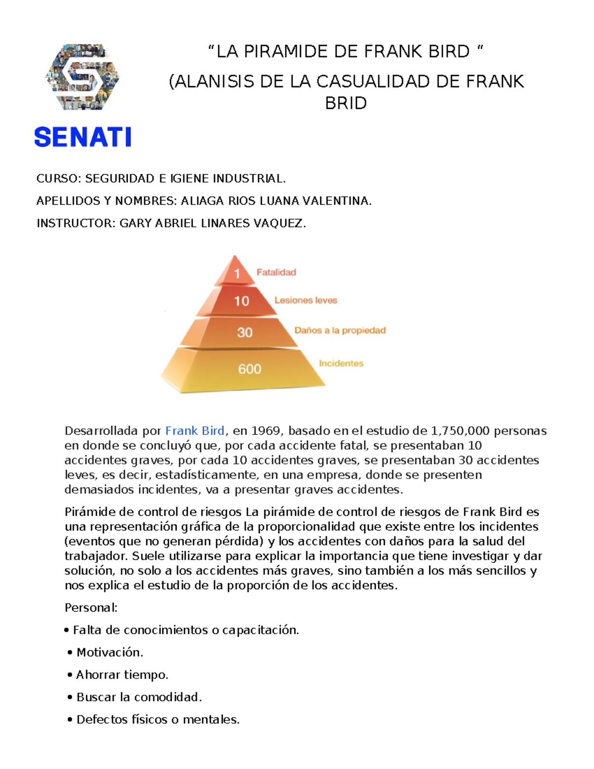 PIRÁMIDE DE FRANK BIRD: ANÁLISIS DE LA CASUALIDAD - SEGURIDAD E IGIENE ...
