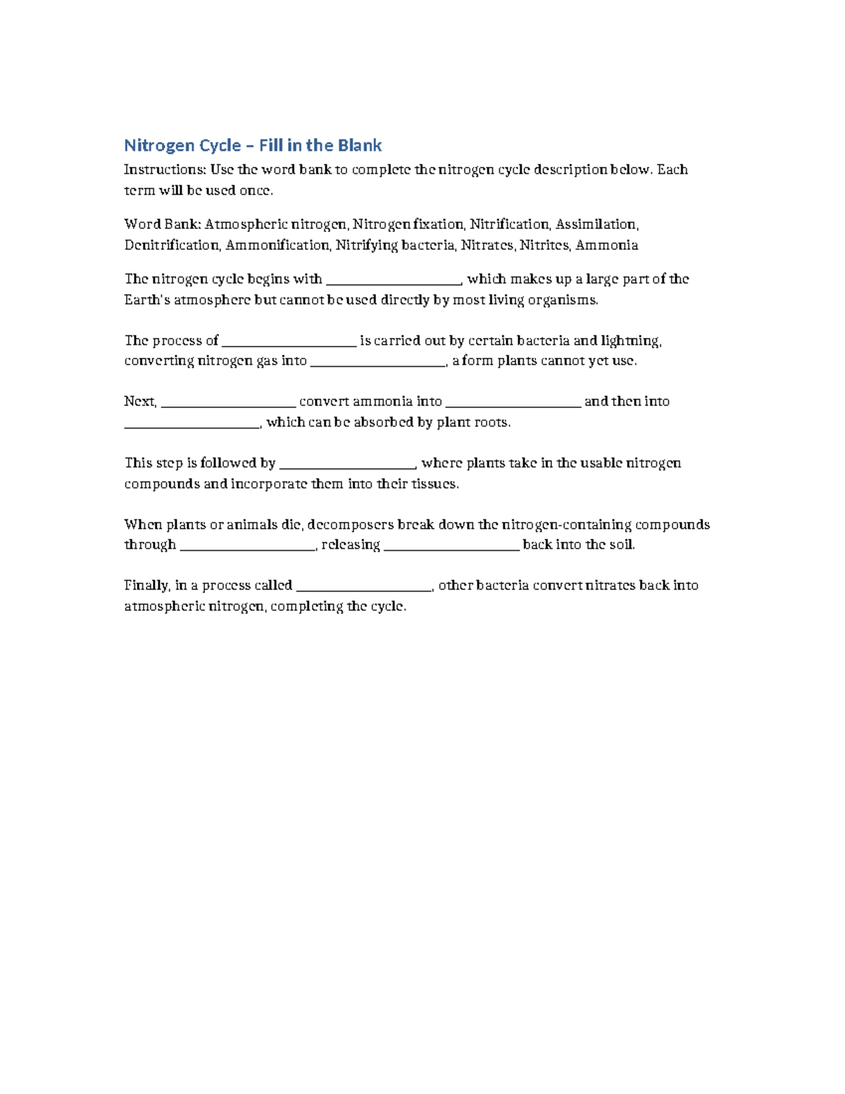 Nitrogen Cycle Fill-in-the-Blank Activity: Key Processes Explained ...