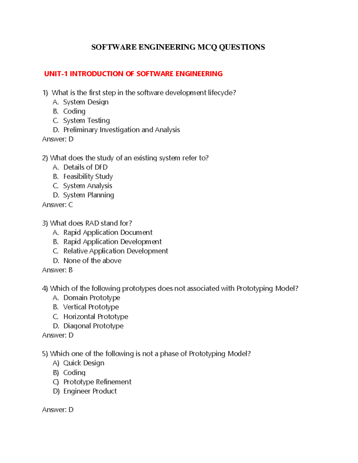 Software Engineering MCQ Questions: Key Concepts and Models - Studocu