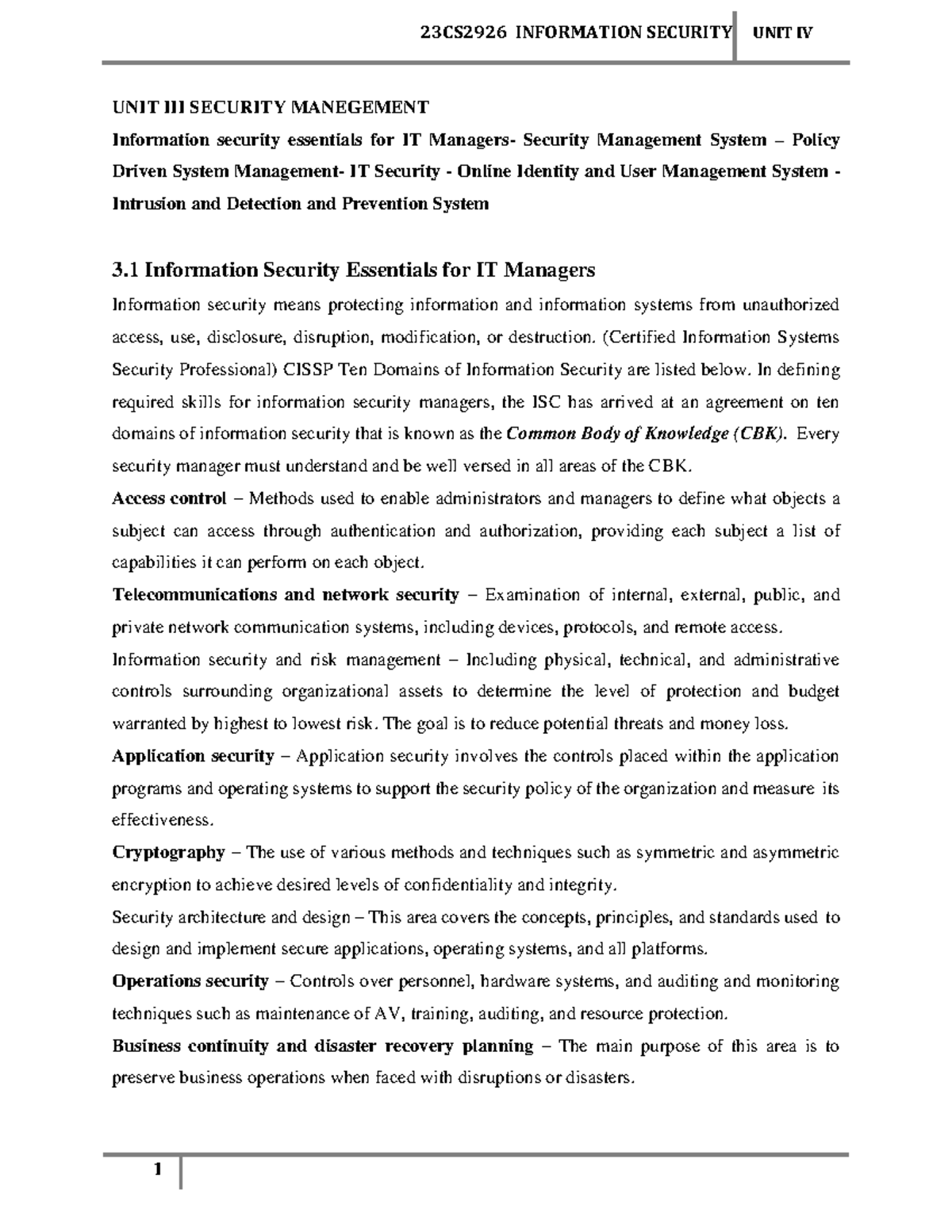 23CS2926 INFORMATION SECURITY UNIT IV: Security Management Essentials ...