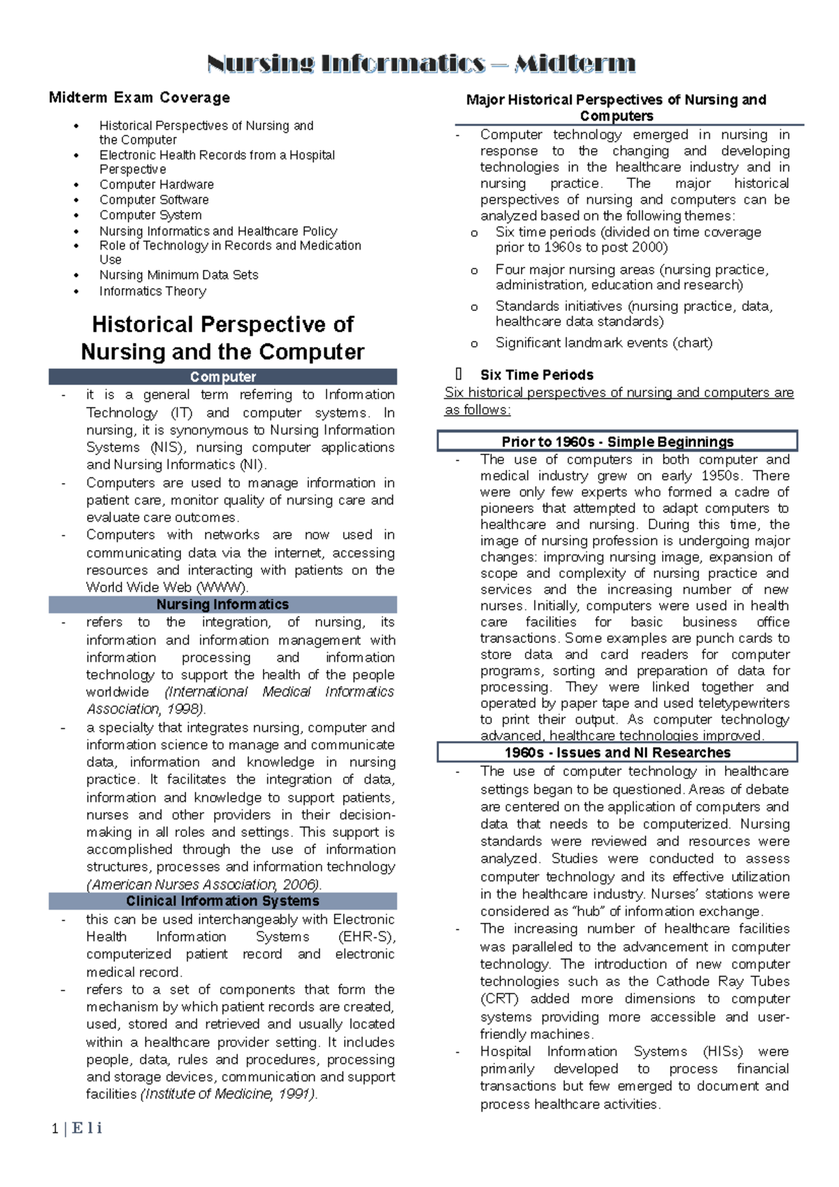 NCMB210- Midterm-1-10 - 1 | E l i Midterm Exam Coverage Historical Perspectives of Nursing and ...