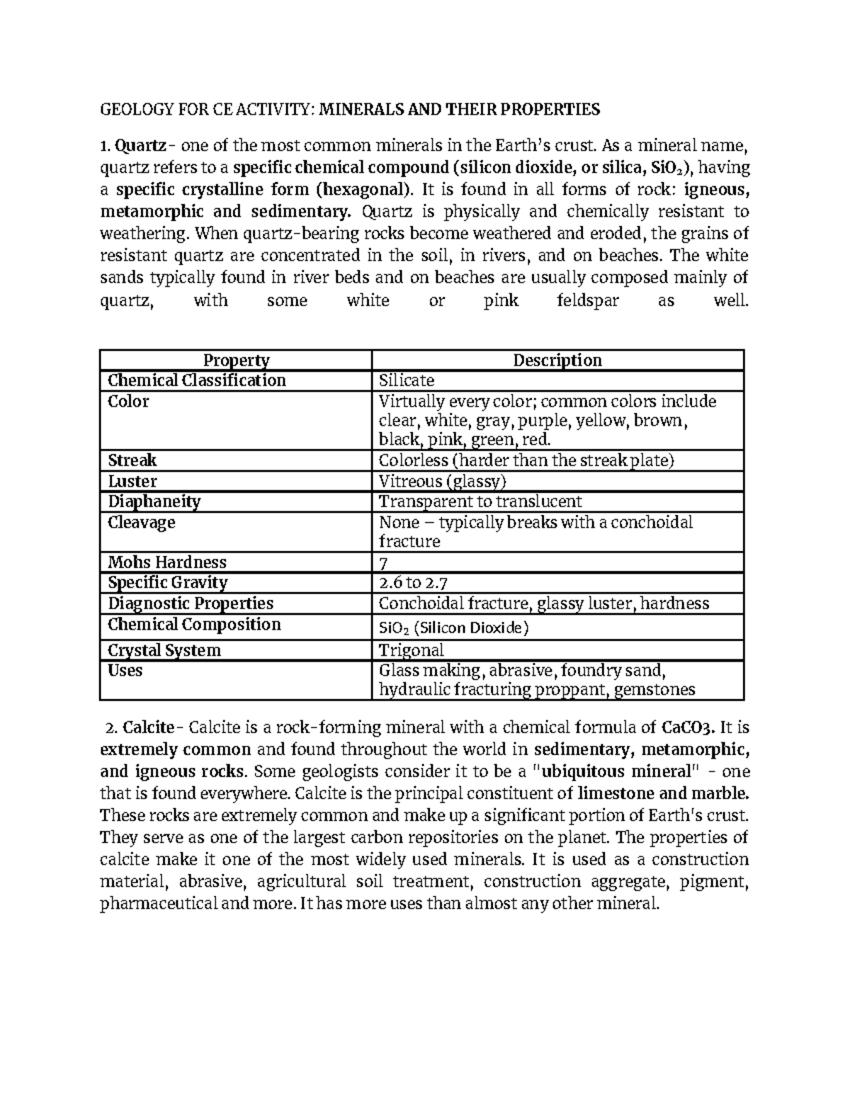 GEOLOGY CE Activity: Minerals & Their Properties Overview - Studocu