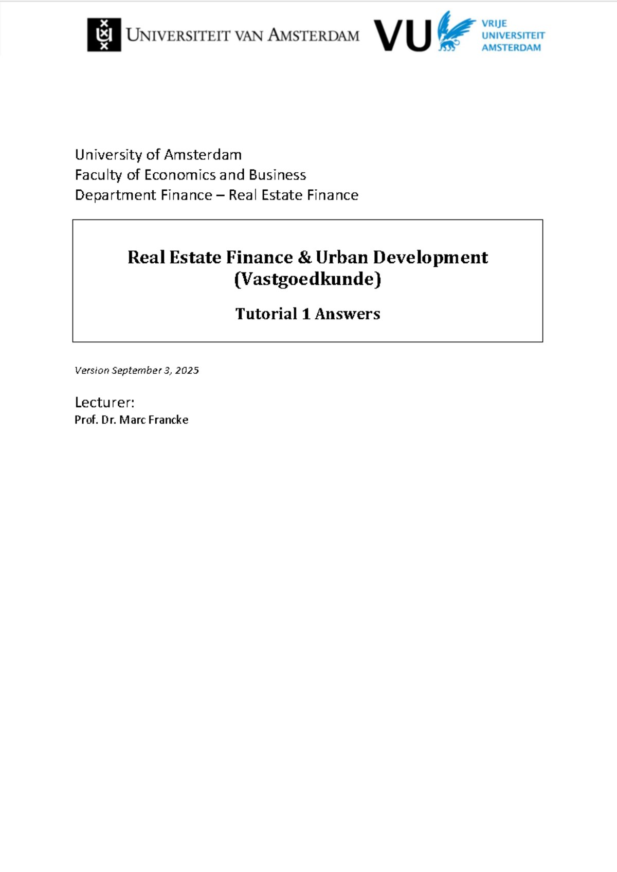 Real Estate Finance Urban Development (Vastgoedkunde) Tutorial 1 ...