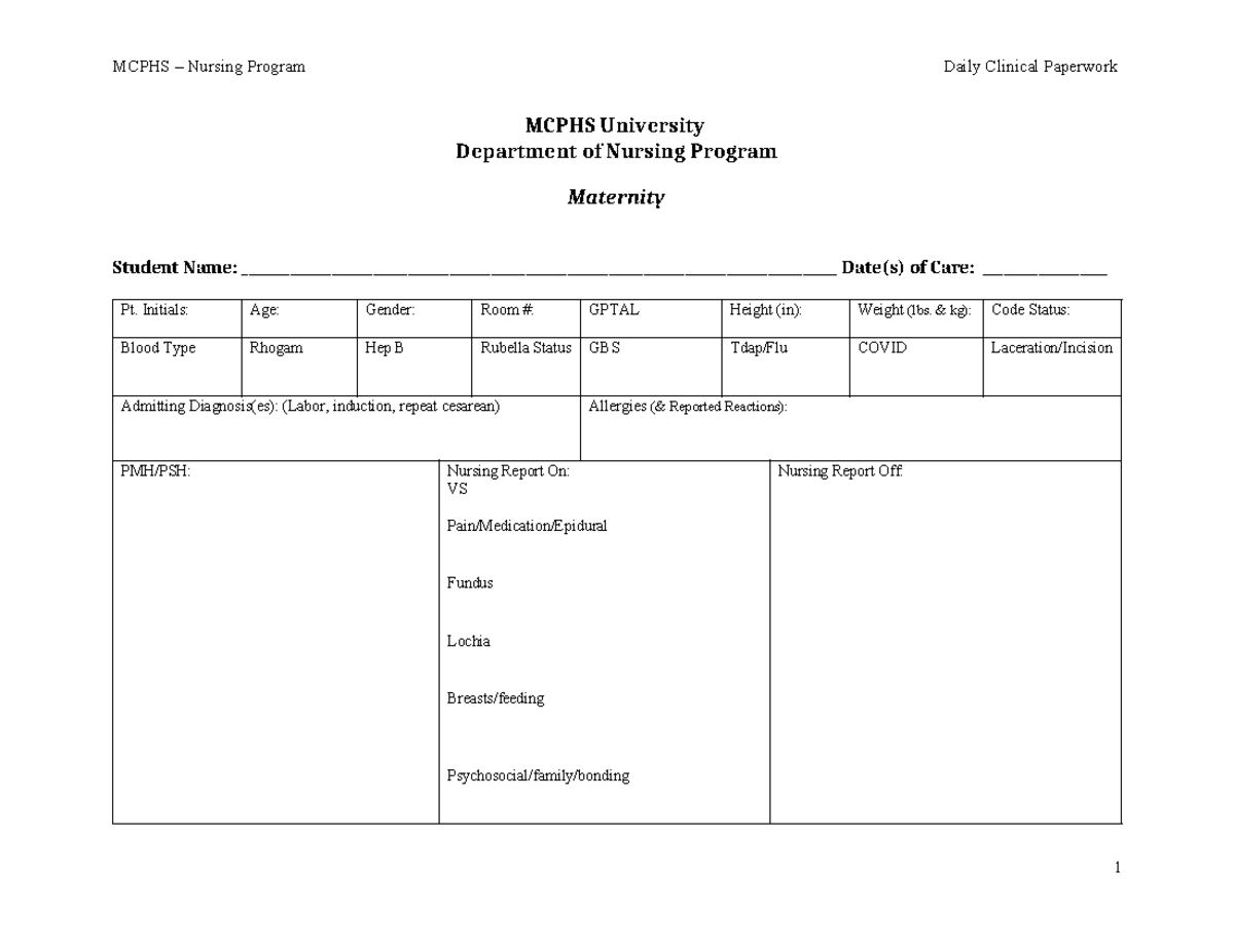 MCPHS Nursing Program Daily Clinical Paperwork: Maternity Student ...