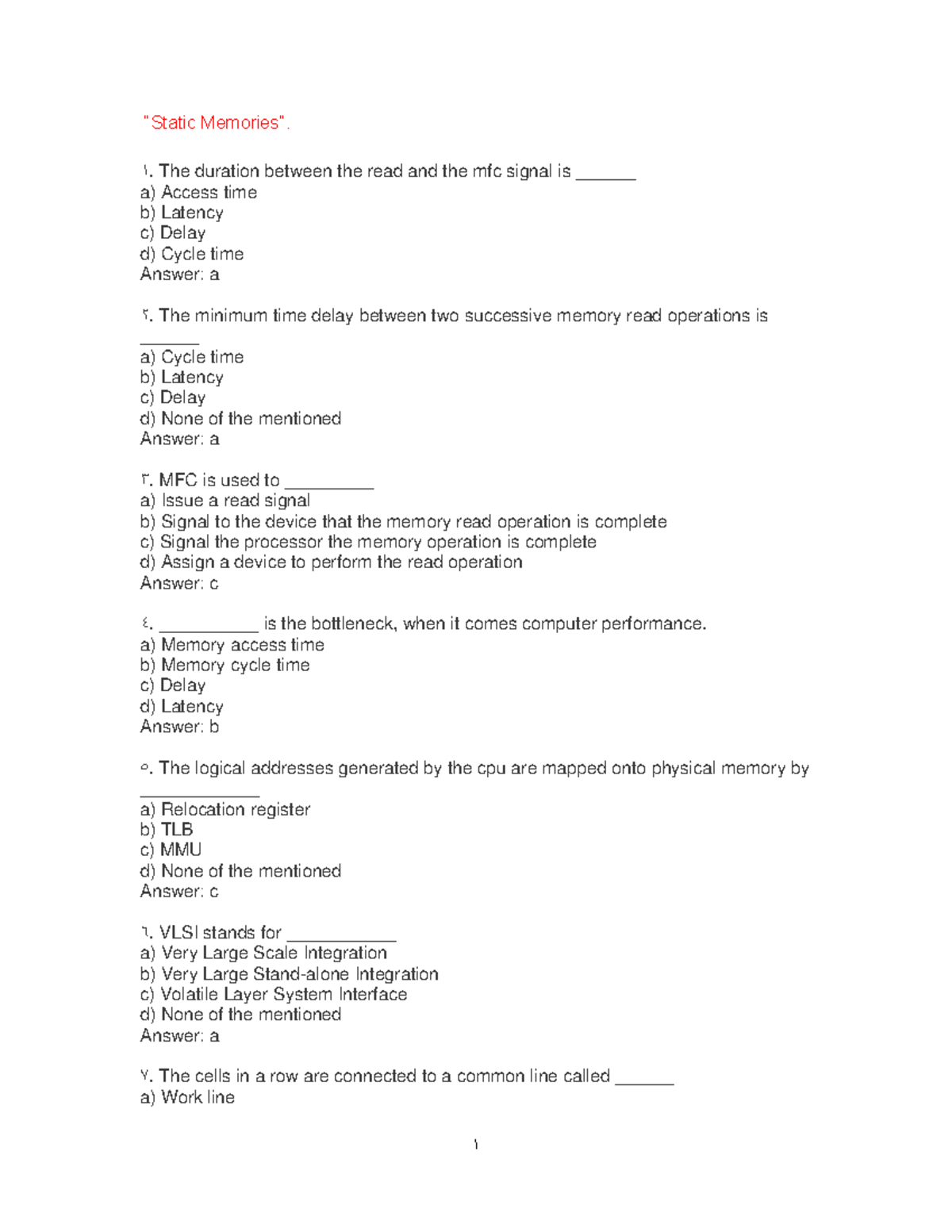 Ch 4 Memory System 11 Mcq Tf Questions For Computer Architecture Static Memories” The